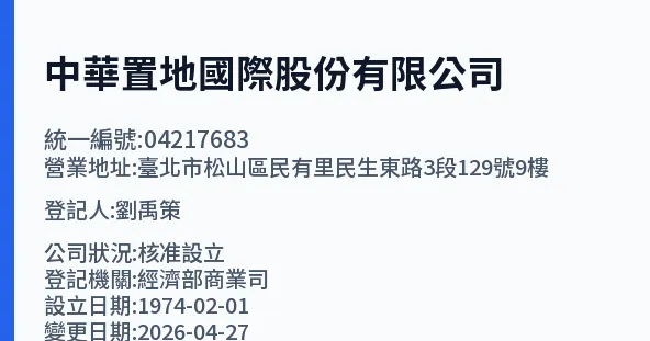 中華置地國際股份有限公司的照片-統編 04217683(臺北市) 公司登記資料與營業項目詳細圖表