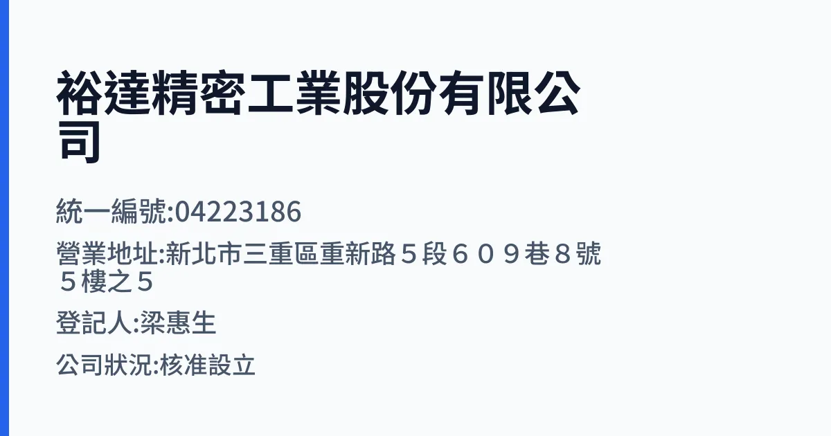 裕達精密工業股份有限公司 - 統編 04223186(新北市) 公司登記資料與營業項目詳細圖表