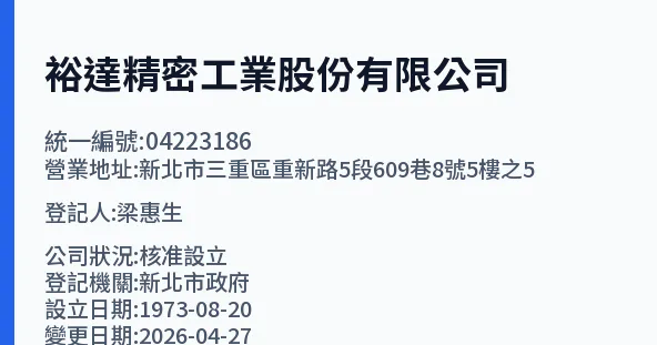 裕達精密工業股份有限公司的照片-統編 04223186(新北市) 公司登記資料與營業項目詳細圖表