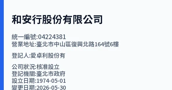 和安行股份有限公司的照片-統編 04224381(臺北市) 公司登記資料與營業項目詳細圖表