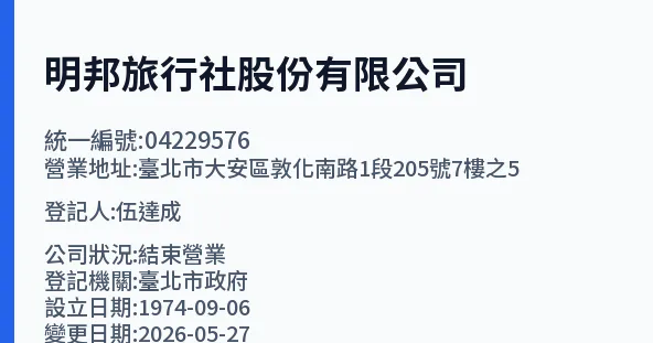 明邦旅行社股份有限公司的照片-統編 04229576(臺北市) 公司登記資料與營業項目詳細圖表