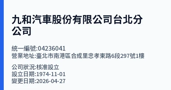 九和汽車股份有限公司台北分公司的照片-統編 04236041(臺北市) 公司登記資料與營業項目詳細圖表