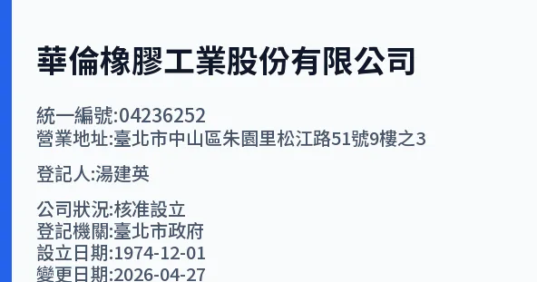 華倫橡膠工業股份有限公司的照片-統編 04236252(臺北市) 公司登記資料與營業項目詳細圖表