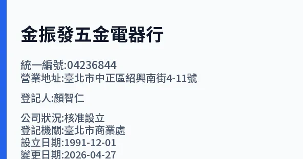 金振發五金電器行的照片-統編 04236844(臺北市) 公司登記資料與營業項目詳細圖表