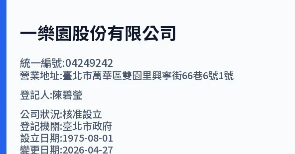 一樂園股份有限公司的照片-統編 04249242(臺北市) 公司登記資料與營業項目詳細圖表