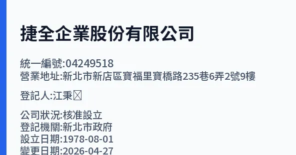 捷全企業股份有限公司的照片-統編 04249518(新北市) 公司登記資料與營業項目詳細圖表