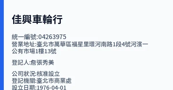 佳興車輪行的照片-統編 04263975(臺北市) 公司登記資料與營業項目詳細圖表