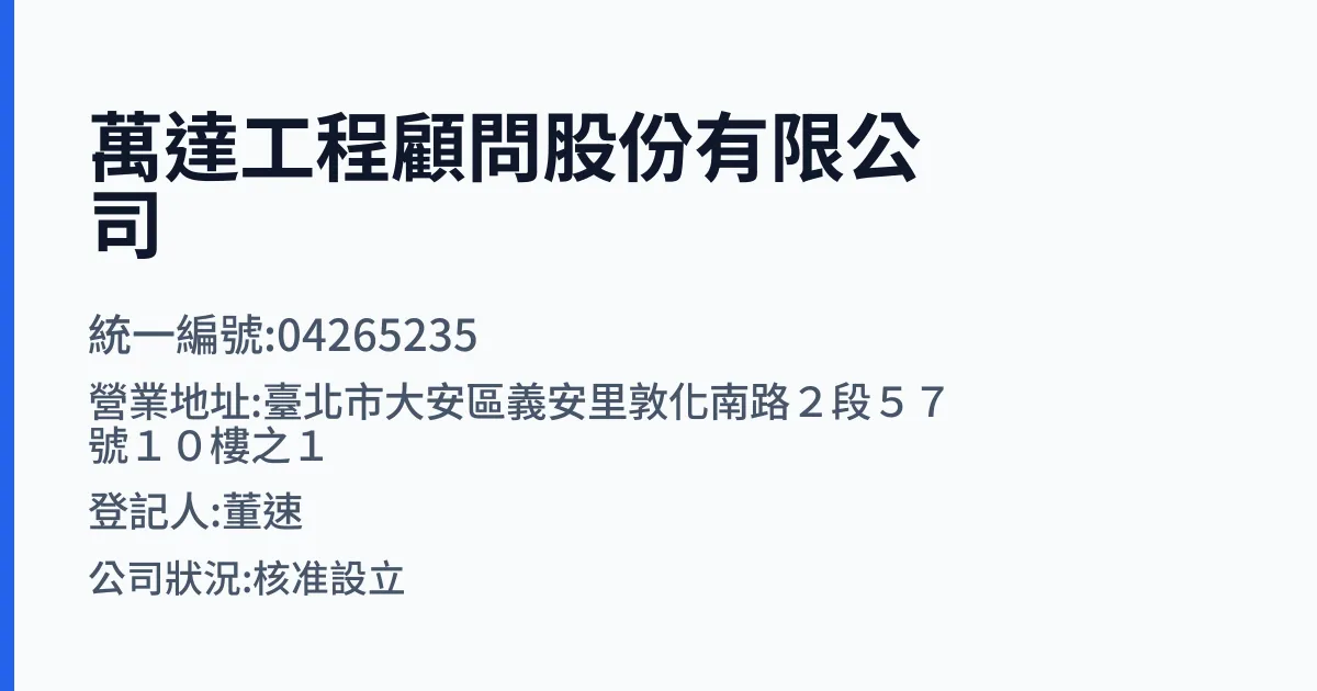 萬達工程顧問股份有限公司 - 統編 04265235(臺北市) 公司登記資料與營業項目詳細圖表