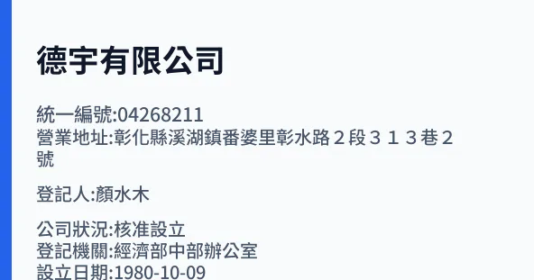 德宇有限公司的照片-統編 04268211(彰化縣) 公司登記資料與營業項目詳細圖表
