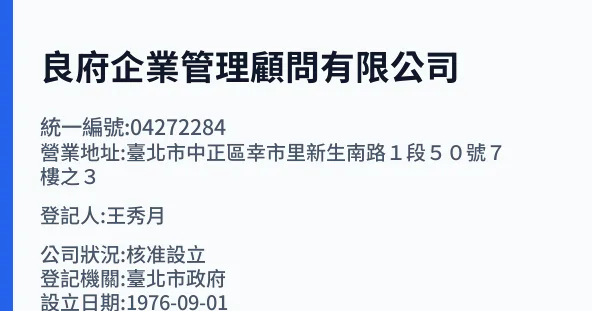 良府企業管理顧問有限公司的照片-統編 04272284(臺北市) 公司登記資料與營業項目詳細圖表