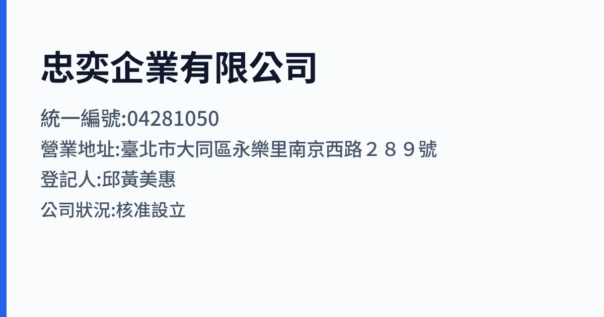 忠奕企業有限公司 - 統編 04281050(臺北市) 公司登記資料與營業項目詳細圖表