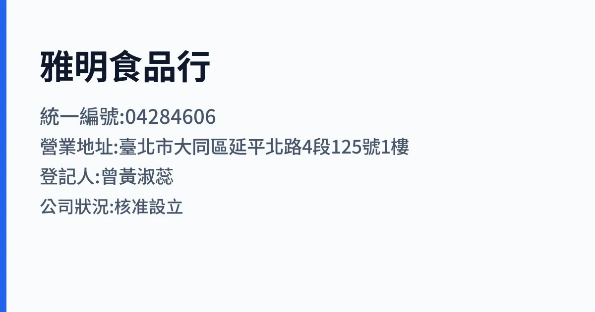 雅明食品行 - 統編 04284606(臺北市) 公司登記資料與營業項目詳細圖表