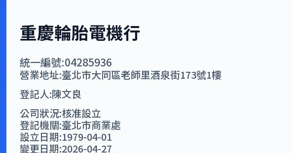 重慶輪胎電機行的照片-統編 04285936(臺北市) 公司登記資料與營業項目詳細圖表