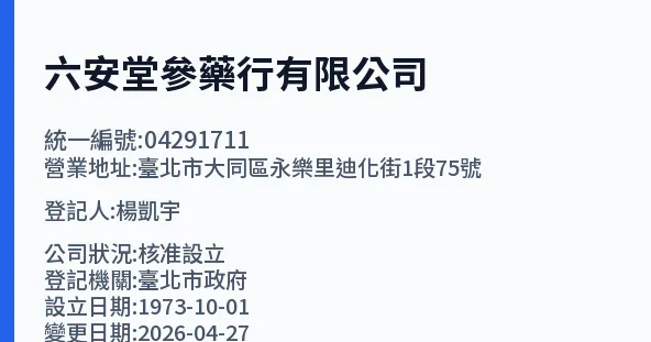 六安堂參藥行有限公司的照片-統編 04291711(臺北市) 公司登記資料與營業項目詳細圖表