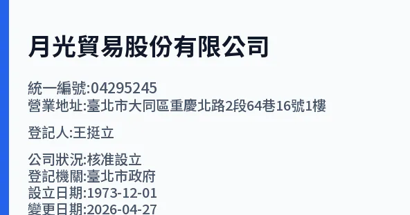 月光貿易股份有限公司的照片-統編 04295245(臺北市) 公司登記資料與營業項目詳細圖表