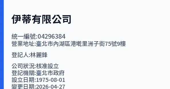 伊蒂有限公司的照片-統編 04296384(臺北市) 公司登記資料與營業項目詳細圖表