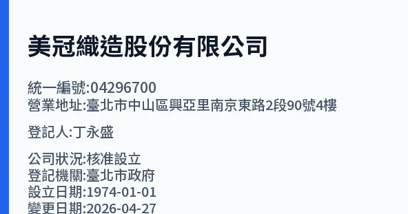 美冠織造股份有限公司的照片-統編 04296700(臺北市) 公司登記資料與營業項目詳細圖表