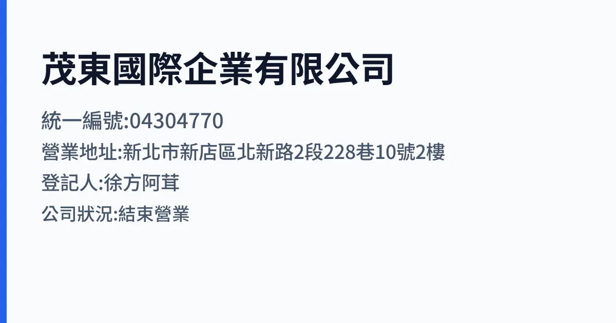 茂東國際企業有限公司 - 統編 04304770(新北市) 公司登記資料與營業項目詳細圖表