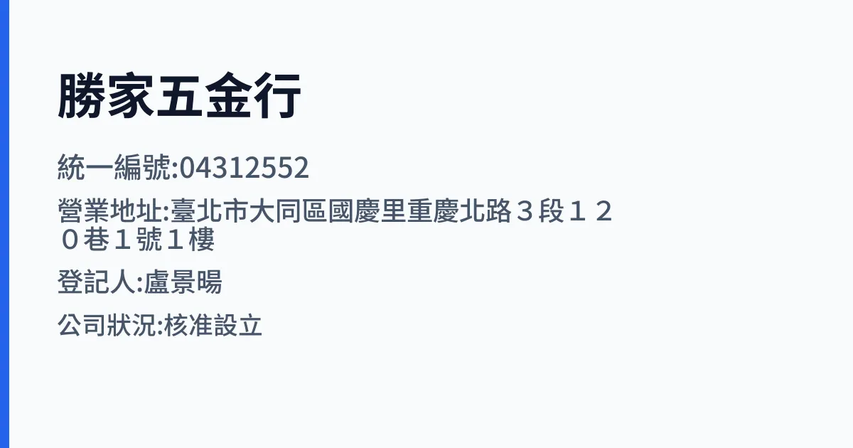勝家五金行 - 統編 04312552(臺北市) 公司登記資料與營業項目詳細圖表
