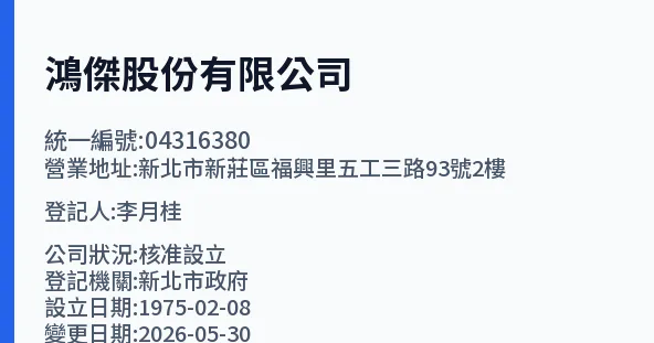 鴻傑股份有限公司的照片-統編 04316380(新北市) 公司登記資料與營業項目詳細圖表