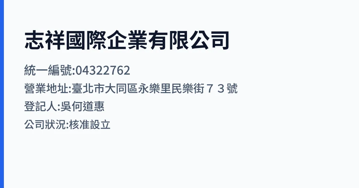 志祥國際企業有限公司 - 統編 04322762(臺北市) 公司登記資料與營業項目詳細圖表