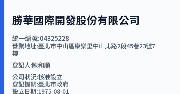 勝華國際開發股份有限公司的照片-統編 04325228(臺北市) 公司登記資料與營業項目詳細圖表