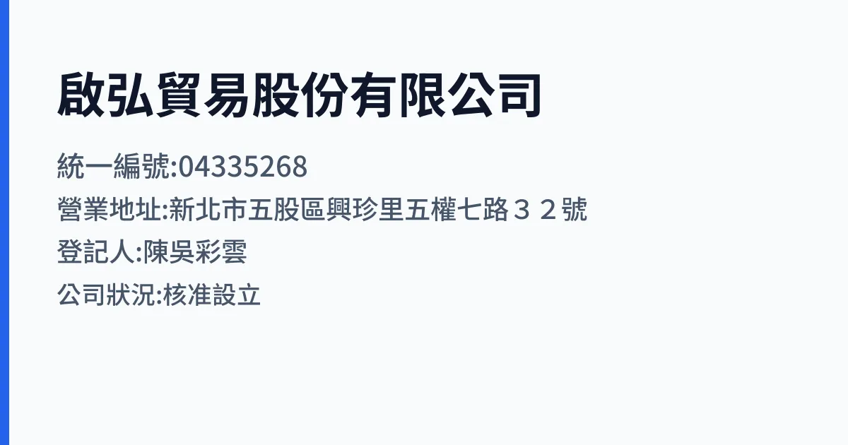 啟弘貿易股份有限公司 - 統編 04335268(新北市) 公司登記資料與營業項目詳細圖表