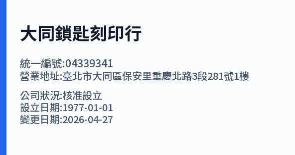 大同鎖匙刻印行的照片-統編 04339341(臺北市) 公司登記資料與營業項目詳細圖表