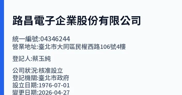 路昌電子企業股份有限公司的照片-統編 04346244(臺北市) 公司登記資料與營業項目詳細圖表