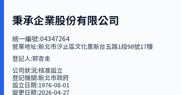 秉承企業股份有限公司的照片-統編 04347264(新北市) 公司登記資料與營業項目詳細圖表