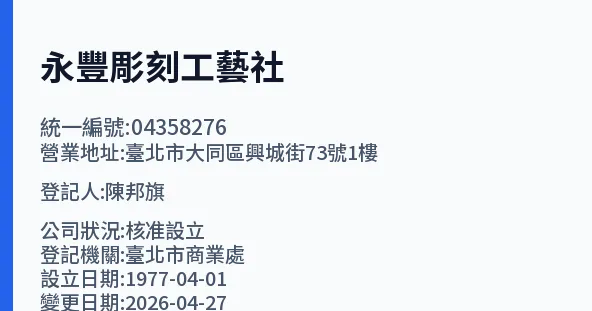 永豐彫刻工藝社的照片-統編 04358276(臺北市) 公司登記資料與營業項目詳細圖表