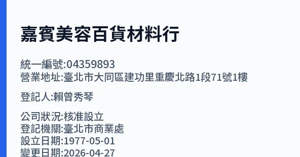 嘉賓美容百貨材料行的照片-統編 04359893(臺北市) 公司登記資料與營業項目詳細圖表