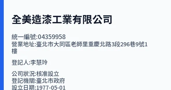 全美造漆工業有限公司的照片-統編 04359958(臺北市) 公司登記資料與營業項目詳細圖表