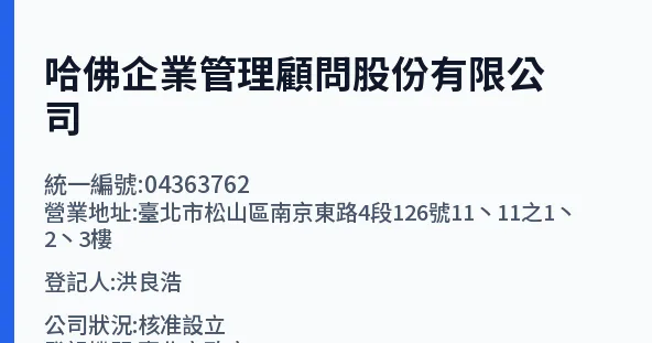 哈佛企業管理顧問股份有限公司的照片-統編 04363762(臺北市) 公司登記資料與營業項目詳細圖表