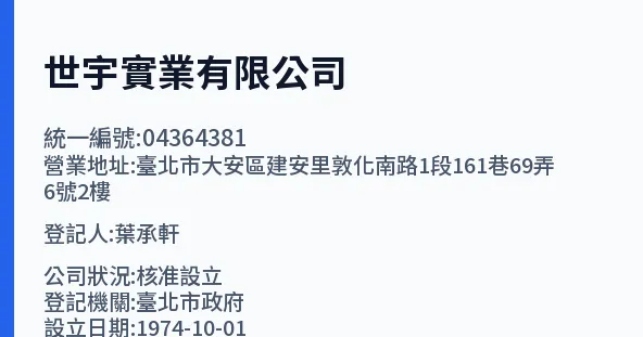 世宇實業有限公司的照片-統編 04364381(臺北市) 公司登記資料與營業項目詳細圖表