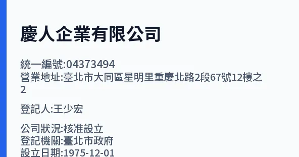 慶人企業有限公司的照片-統編 04373494(臺北市) 公司登記資料與營業項目詳細圖表