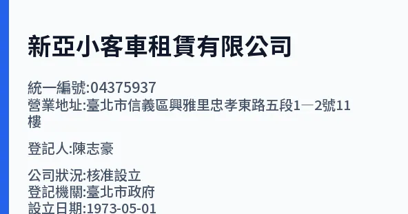 新亞小客車租賃有限公司的照片-統編 04375937(臺北市) 公司登記資料與營業項目詳細圖表
