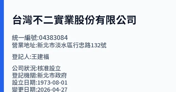 台灣不二實業股份有限公司的照片-統編 04383084(新北市) 公司登記資料與營業項目詳細圖表