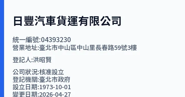 日豐汽車貨運有限公司的照片-統編 04393230(臺北市) 公司登記資料與營業項目詳細圖表