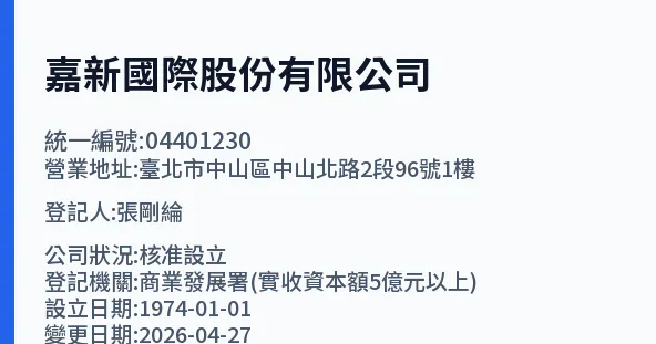 嘉新國際股份有限公司的照片-統編 04401230(臺北市) 公司登記資料與營業項目詳細圖表