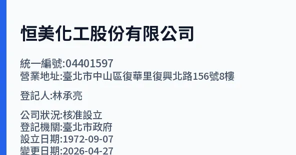 恒美化工股份有限公司的照片-統編 04401597(臺北市) 公司登記資料與營業項目詳細圖表