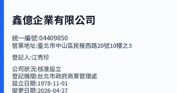 鑫億企業有限公司的照片-統編 04409850(臺北市) 公司登記資料與營業項目詳細圖表