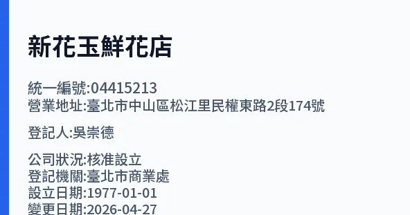 新花玉鮮花店的照片-統編 04415213(臺北市) 公司登記資料與營業項目詳細圖表