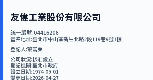 友偉工業股份有限公司的照片-統編 04416206(臺北市) 公司登記資料與營業項目詳細圖表