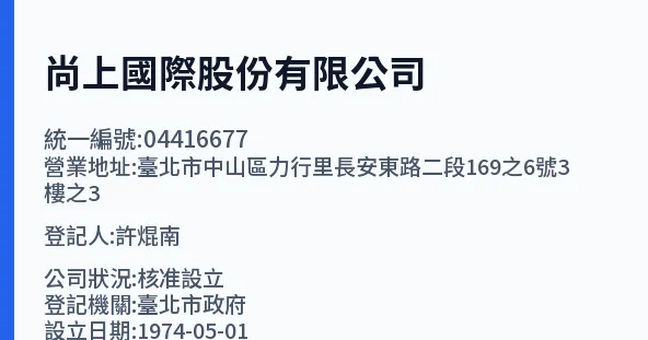 尚上國際股份有限公司的照片-統編 04416677(臺北市) 公司登記資料與營業項目詳細圖表