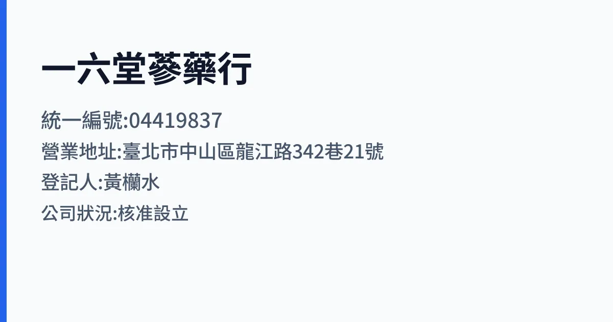 一六堂蔘藥行 - 統編 04419837(臺北市) 公司登記資料與營業項目詳細圖表