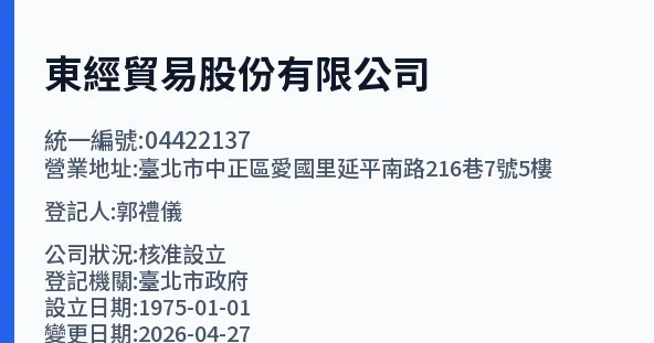 東經貿易股份有限公司的照片-統編 04422137(臺北市) 公司登記資料與營業項目詳細圖表