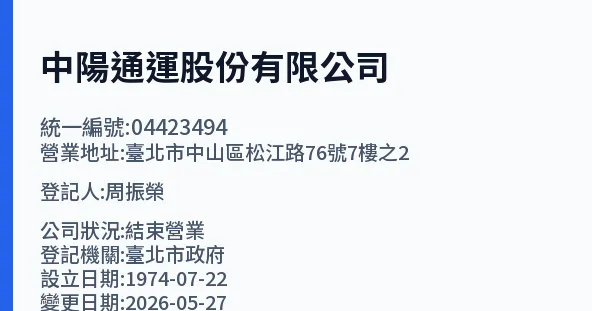 中陽通運股份有限公司的照片-統編 04423494(臺北市) 公司登記資料與營業項目詳細圖表