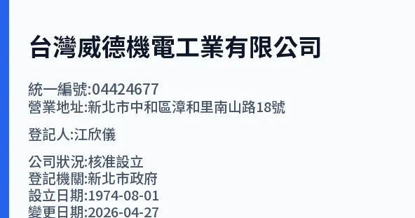 台灣威德機電工業有限公司的照片-統編 04424677(新北市) 公司登記資料與營業項目詳細圖表