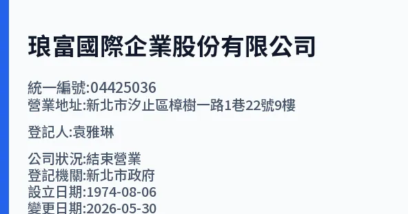 琅富國際企業股份有限公司的照片-統編 04425036(新北市) 公司登記資料與營業項目詳細圖表
